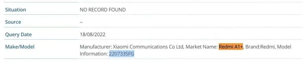 Redmi A1+ já tem certificação FCC, e aparece na base de dados IMEI ...