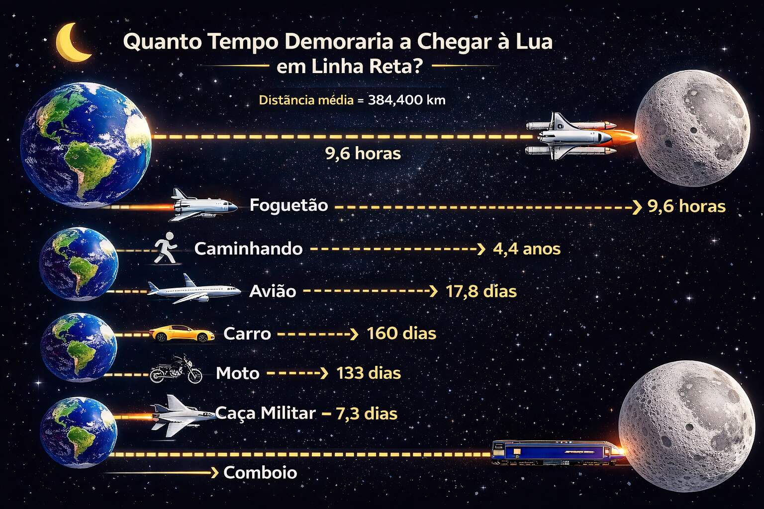A Lua está a 384.400 km: o tempo muda tudo conforme o meio de transporte